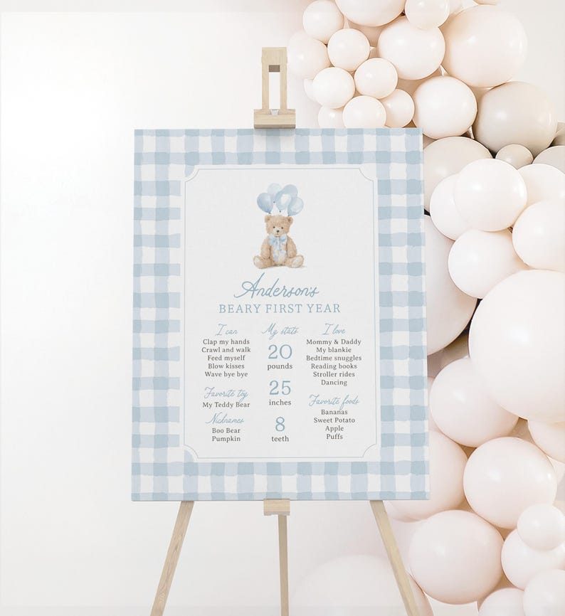 Teddy Bear 1st Birthday Milestone Sign Template, Printable Beary First ...
