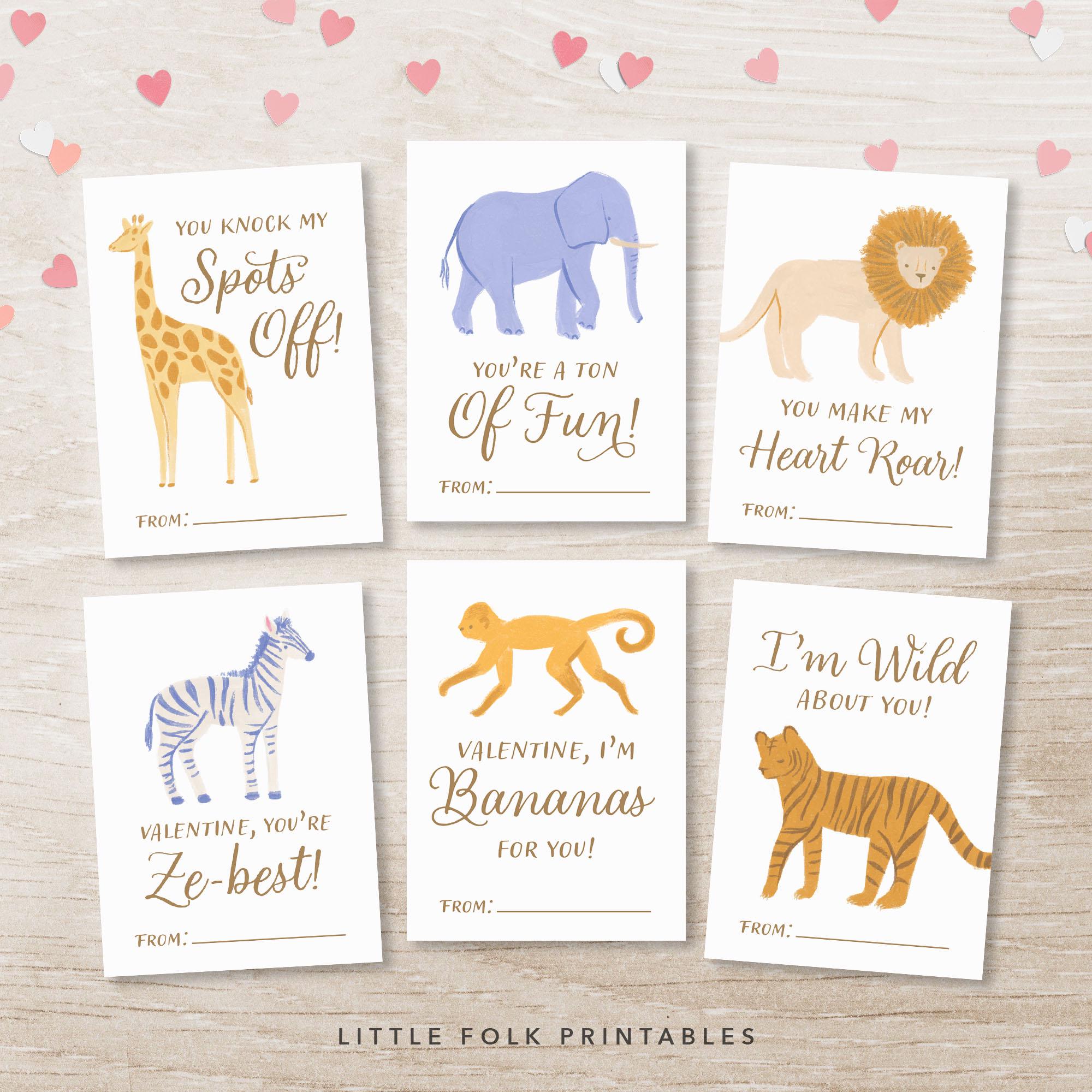 Printable Safari Valentine's Day Cards, Kids Jungle Animals Valentine ...