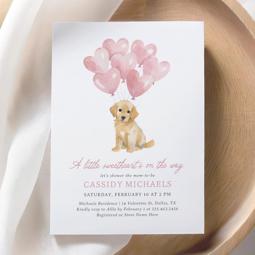 Golden Retriever Baby Shower Invitation, Editable Pink Balloon Puppy ...