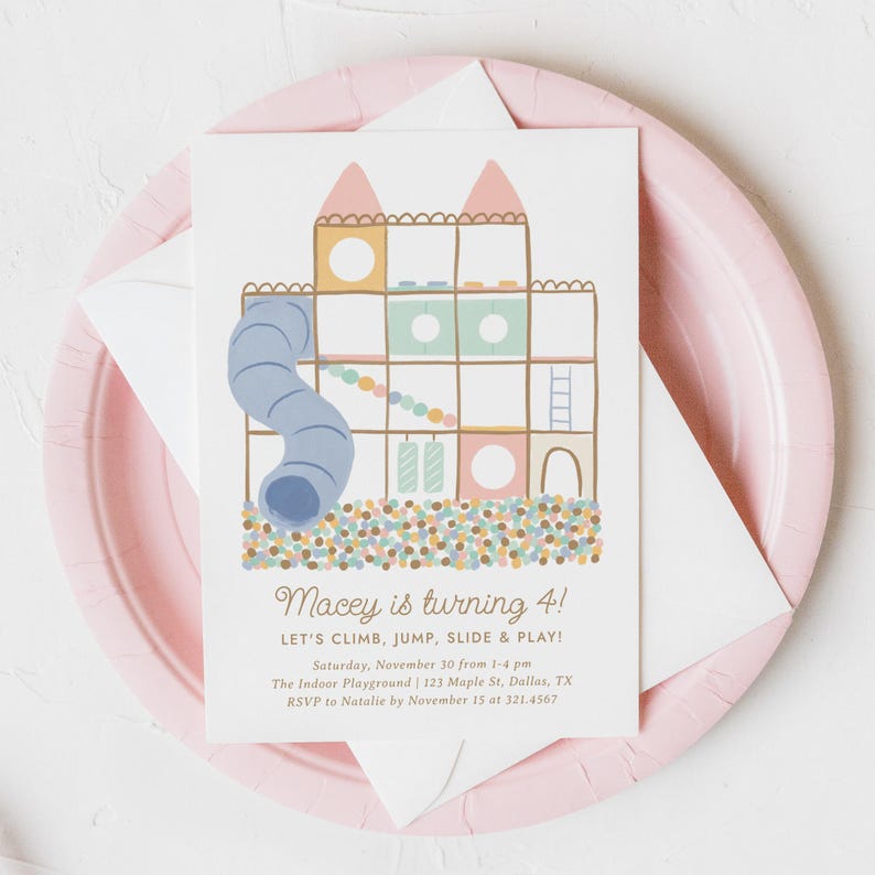 Indoor Playground Birthday Invitation, Editable Pastel Girl Playground ...