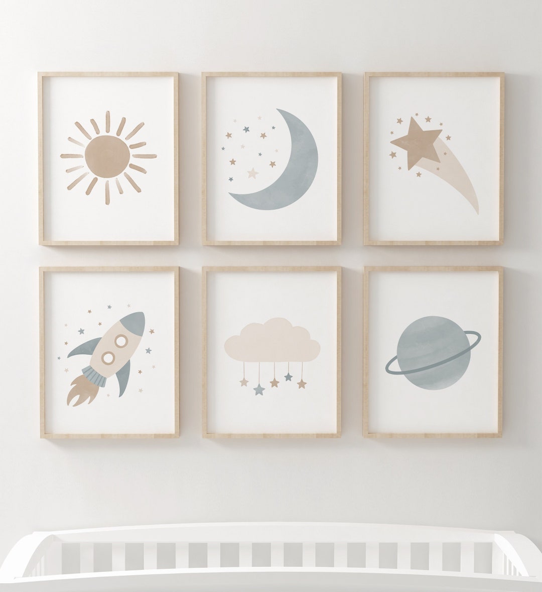 Outer Space Prints Set of 6, Moon Stars Rocket Sun, Space Posters ...