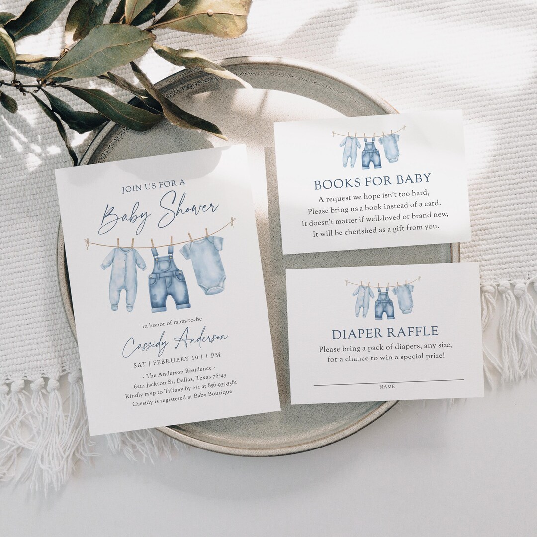 Blue Jean Baby Shower Invitation Set, Denim Boy Baby Clothes Baby ...