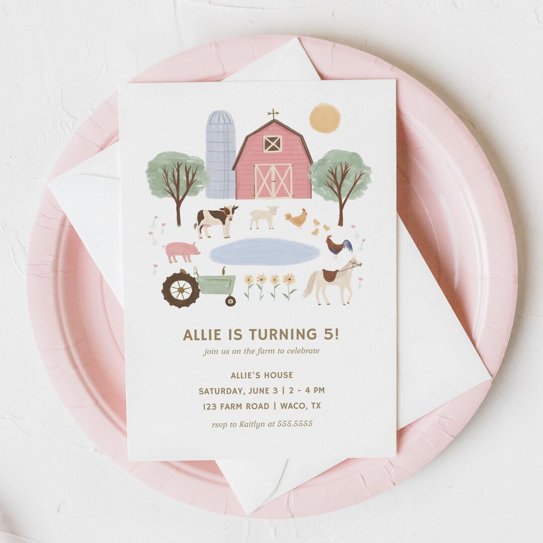 Pink Farm Birthday Invitation, Farm Animals Girl Birthday Party Invite ...