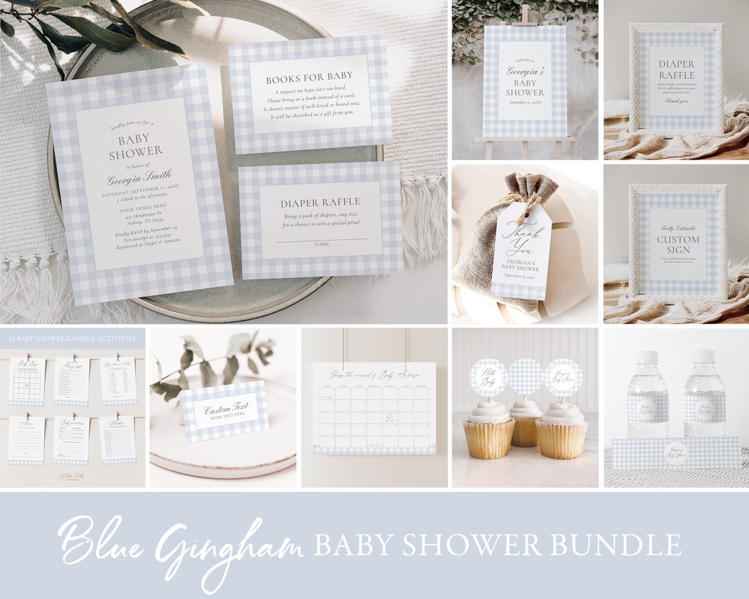 Blue Gingham Baby Shower Invitation Bundle, Printable Classic Boy Baby ...
