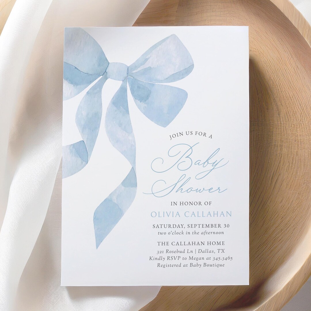 Blue Bow Boy Baby Shower Invitation Template, Watercolor Blue Ribbon ...