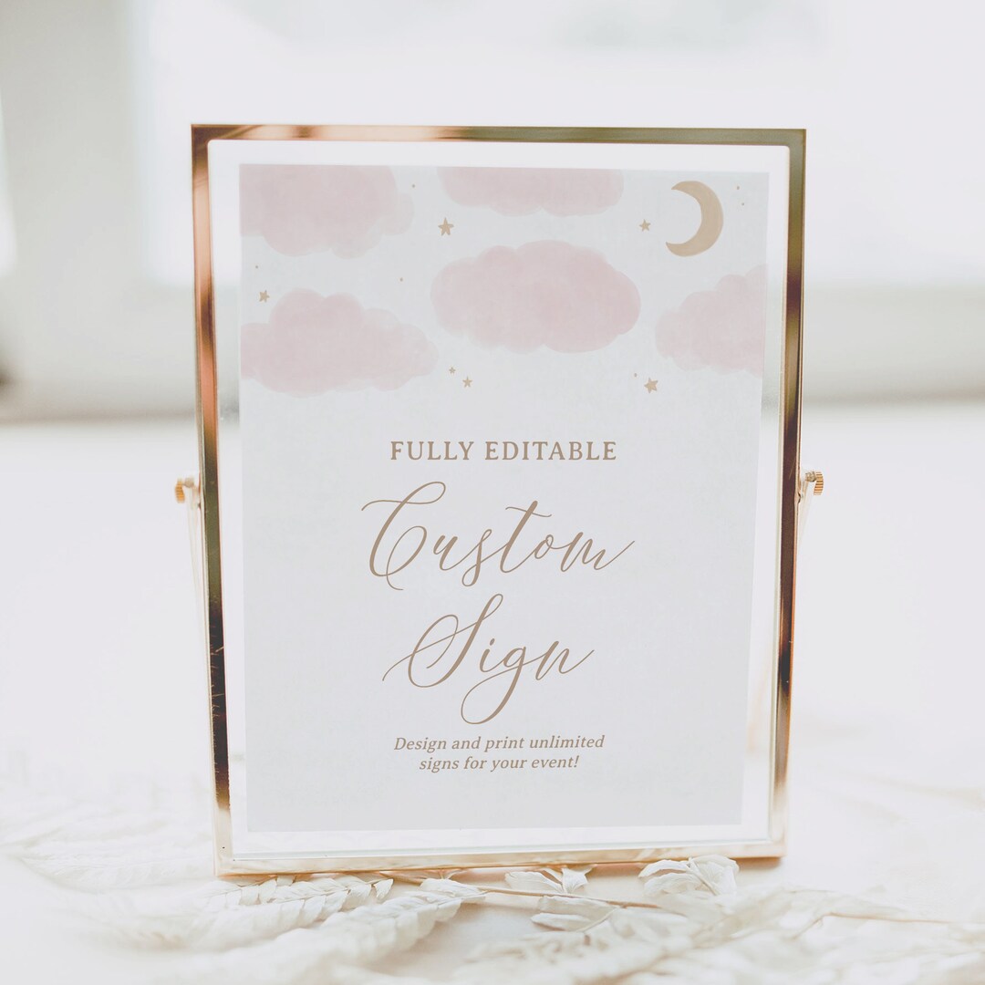 Pink Over the Moon Baby Shower Editable Custom Sign, Watercolor Clouds ...