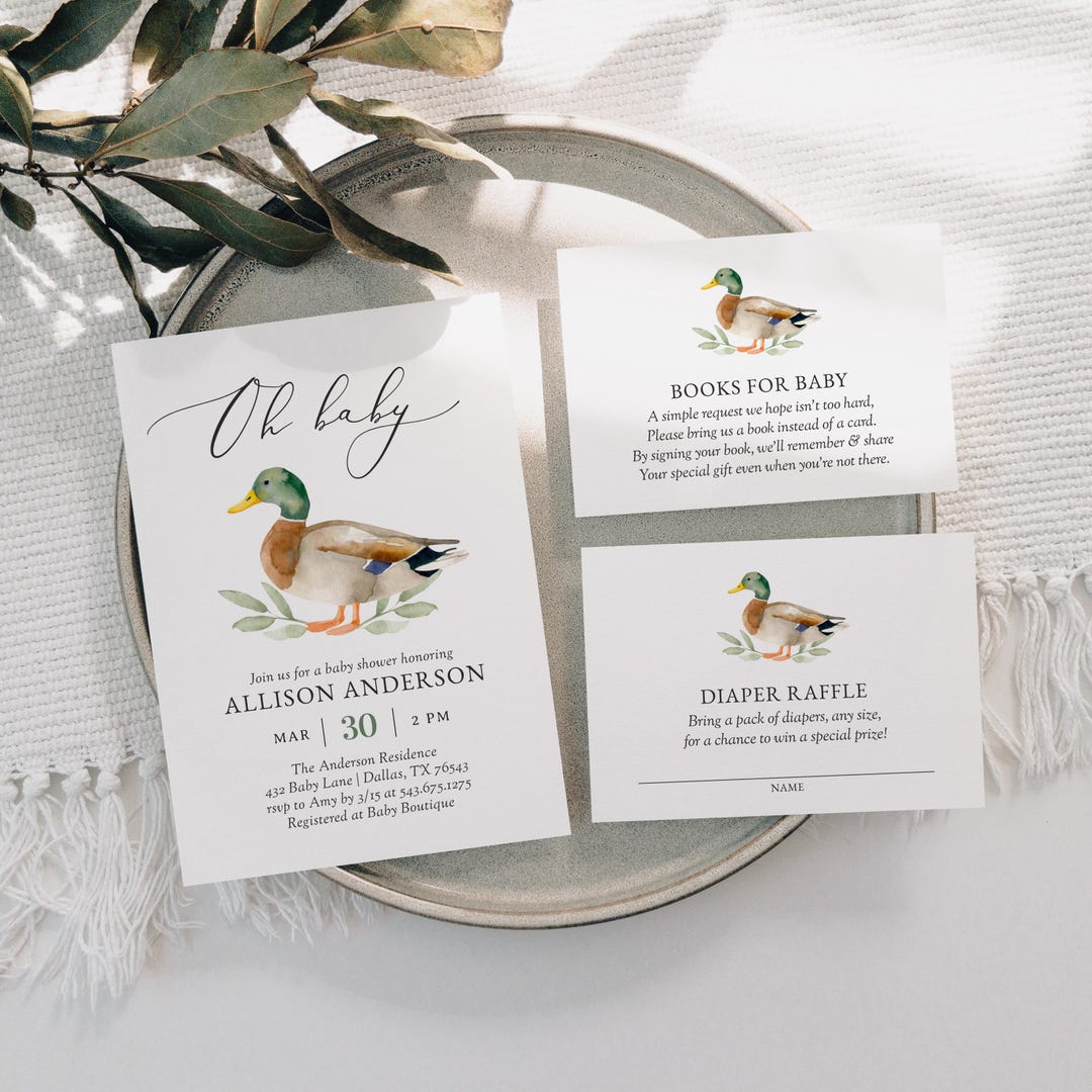 Duck Baby Shower Invitation Set, Editable Mallard Duck Boy Baby Shower ...