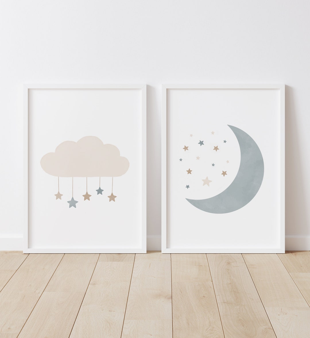 Neutral Cloud and Moon Set of 2 Prints, Cloud and Stars Nursery Decor ...