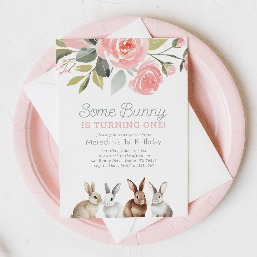Bunny Baby 1st Birthday Invitation, Some Bunny is Turning One, Floral ...