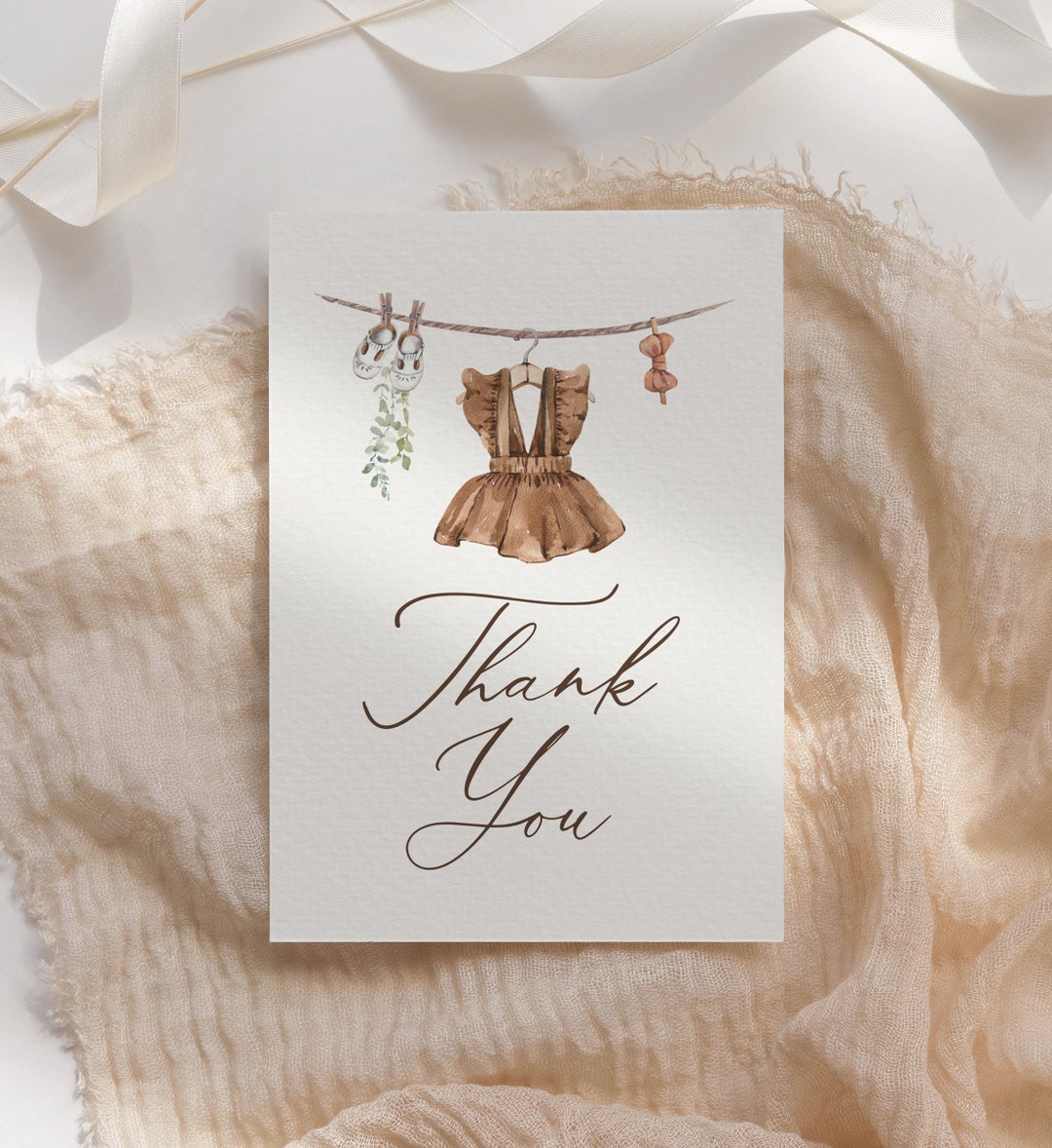 Baby Clothes Girl Baby Shower Thank You Card, Boho Clothesline Baby ...