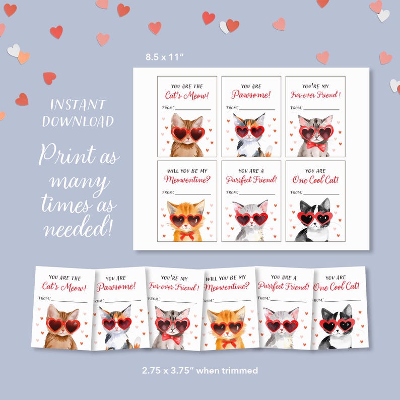 Printable Kitten Valentine's Day Cards, Cat Valentine Tags, Kids ...