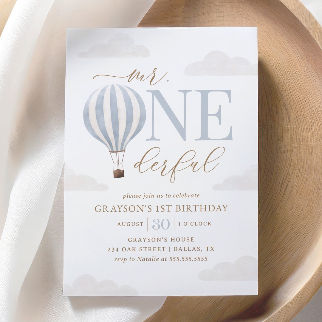 Blue Hot Air Balloon 1st Birthday Invitation, Mr Onedeful Boy Birthday ...