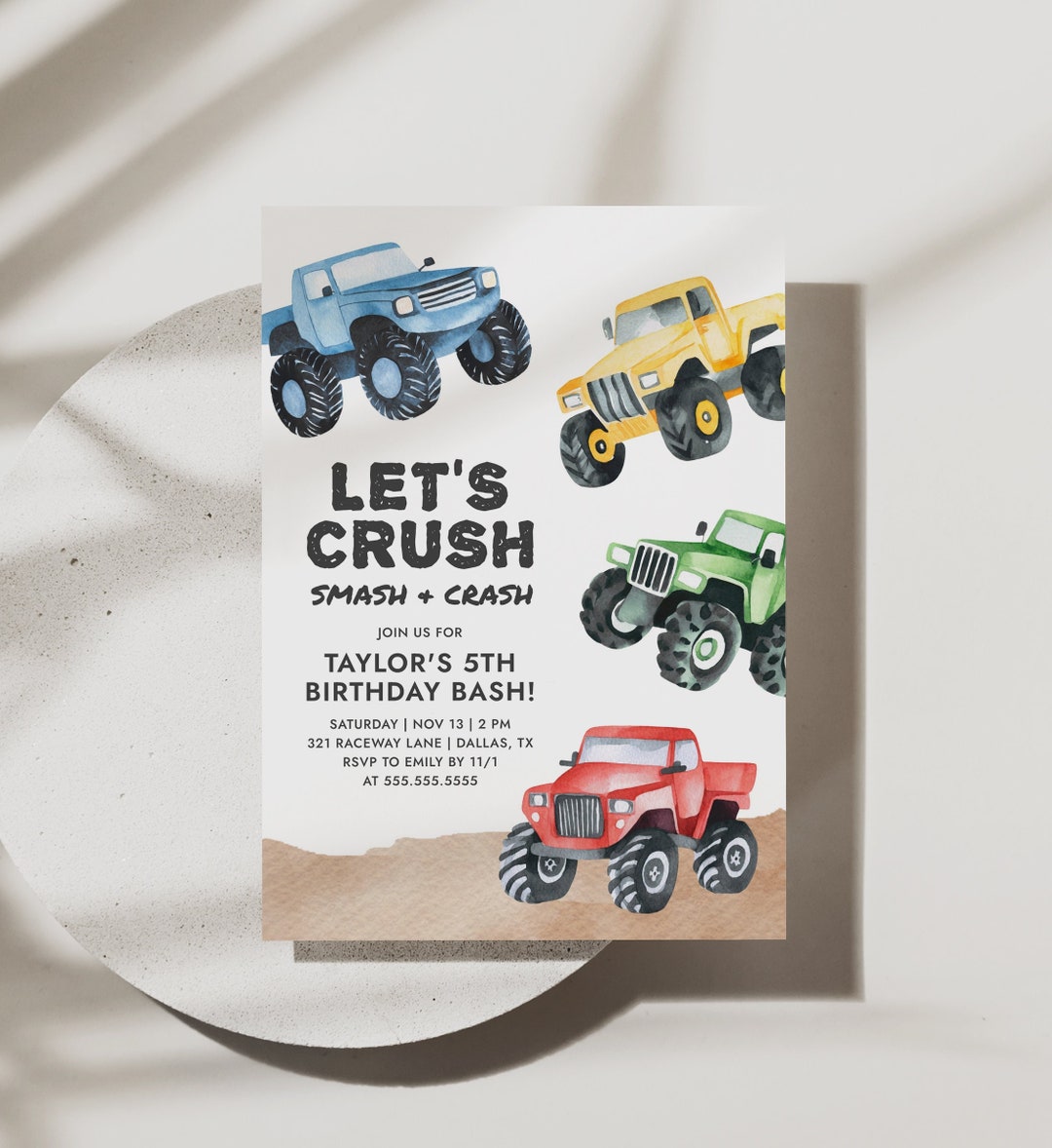 Monster Truck Birthday Invitation, Crush Smash Crash Boy Monster Truck ...