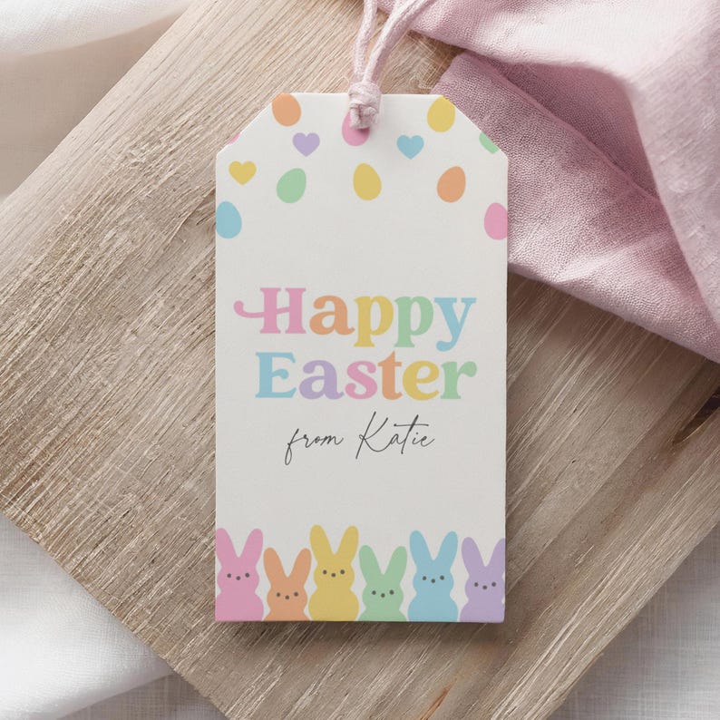 Happy Easter Gift Tag Template, Pastel Rainbow Easter Bunny Favor Tag ...