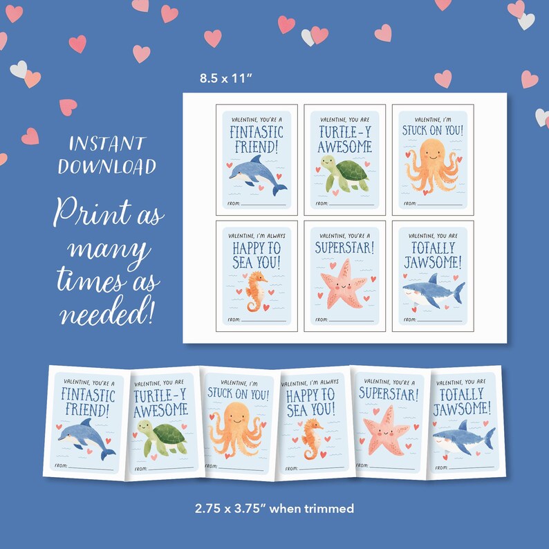 Printable Under the Sea Valentine's Day Cards, Kids Ocean Animals Class ...