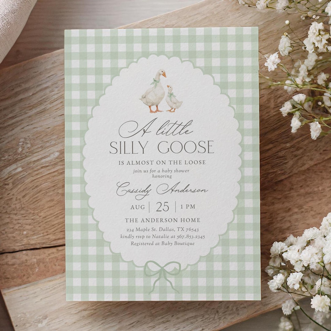 Silly Goose Baby Shower Invitation Template, Sage Green Gingham Goose ...