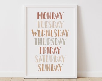 Days of the Week Boho Nursery Printable Wall Art, Educational Gender ...