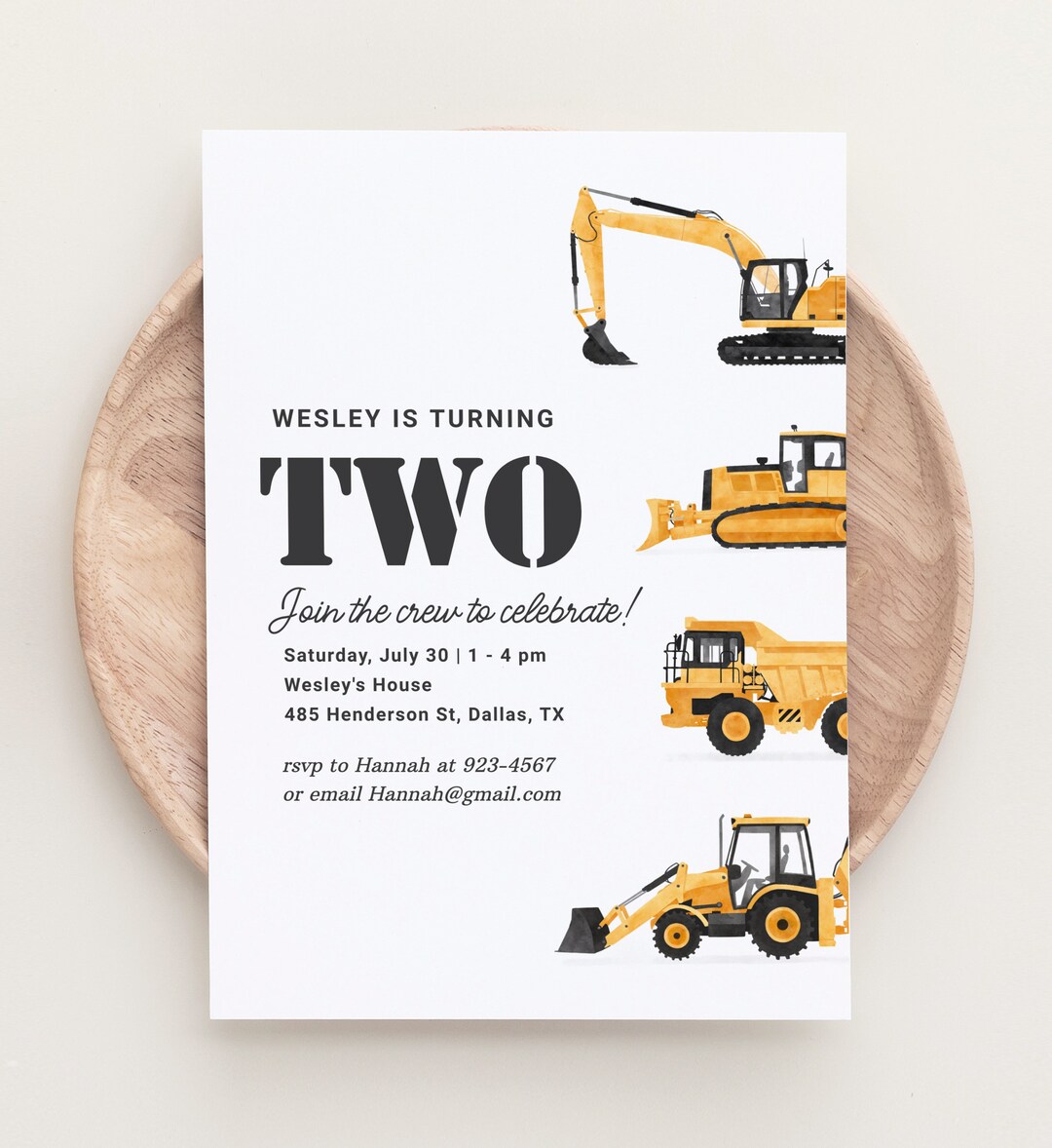 Construction Vehicles 2nd Birthday Invitation, Construction Site ...