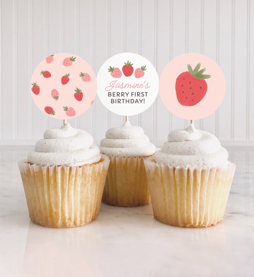 Editable Strawberry 1st Birthday Cupcake Toppers, Printable Berry 1st ...