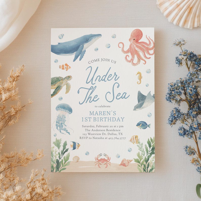 Under the Sea Birthday Invitation Template, Ocean Animals Birthday ...