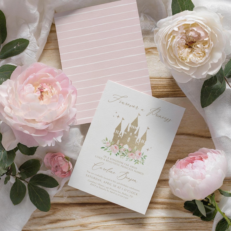 Princess Birthday Invitation, Pink and Gold Glitter Floral Princess ...