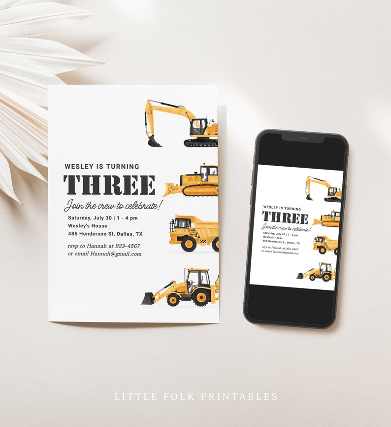 Construction Vehicles Birthday Invitation, Construction Site Birthday ...