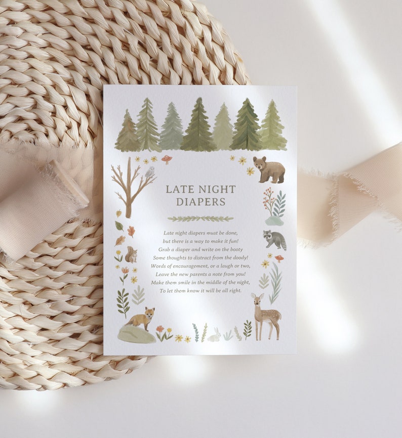 Late Night Diapers Woodland Shower Sign, Printable Woodland Baby Shower ...