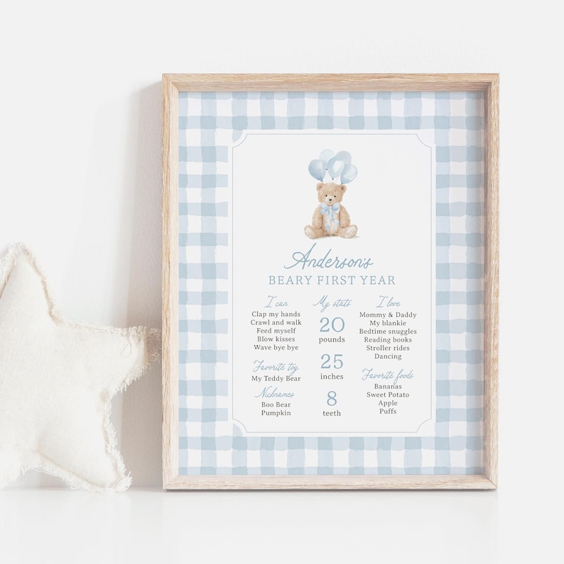 Teddy Bear 1st Birthday Milestone Sign Template, Printable Beary First ...