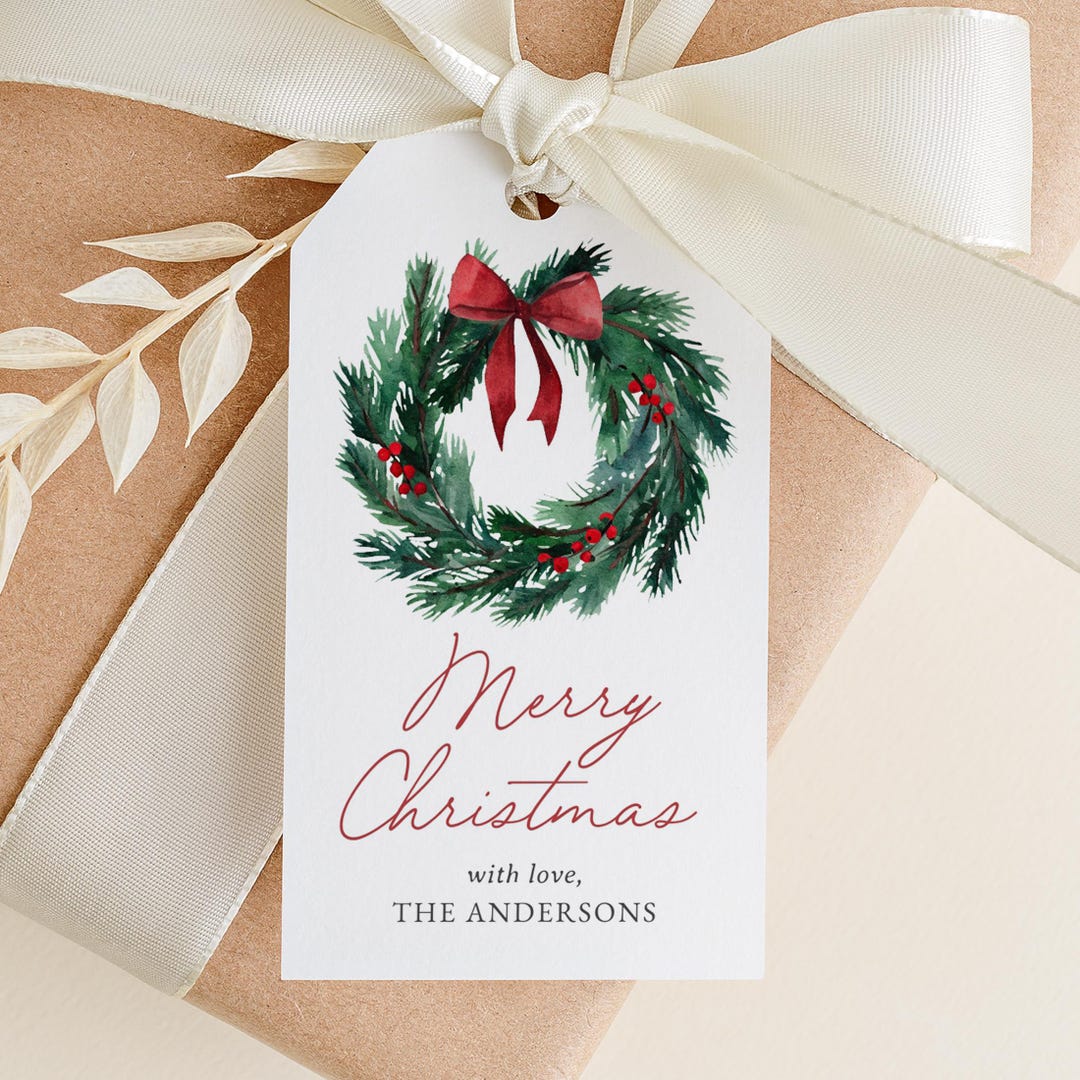Merry Christmas Printable Gift Tag Template, Editable Christmas Wreath ...