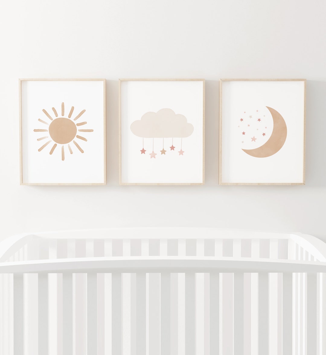 Neutral Cloud Moon and Sun Set of 3 Prints, Neutral Nursery Decor ...