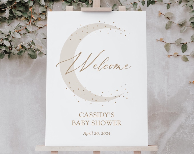 Editable Over the Moon Blue Baby Shower Welcome Sign, Blue Moon Stars ...