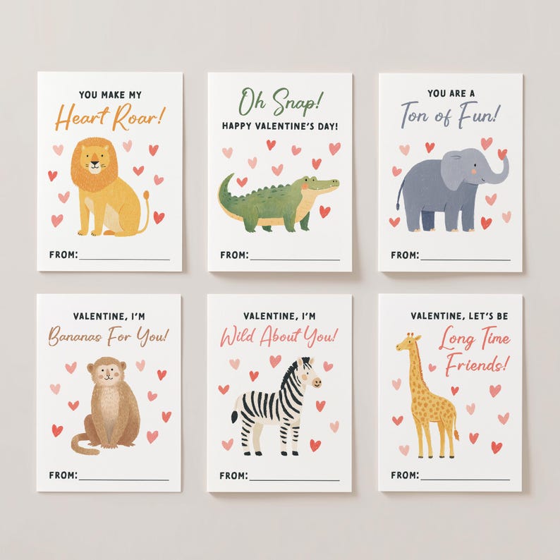 Printable Safari Animals Valentine's Day Cards, Kids Jungle Class ...
