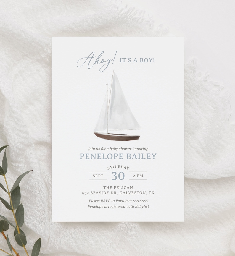 Nautical Sailboat Baby Shower Invitation, Editable Watercolor Sailboat ...