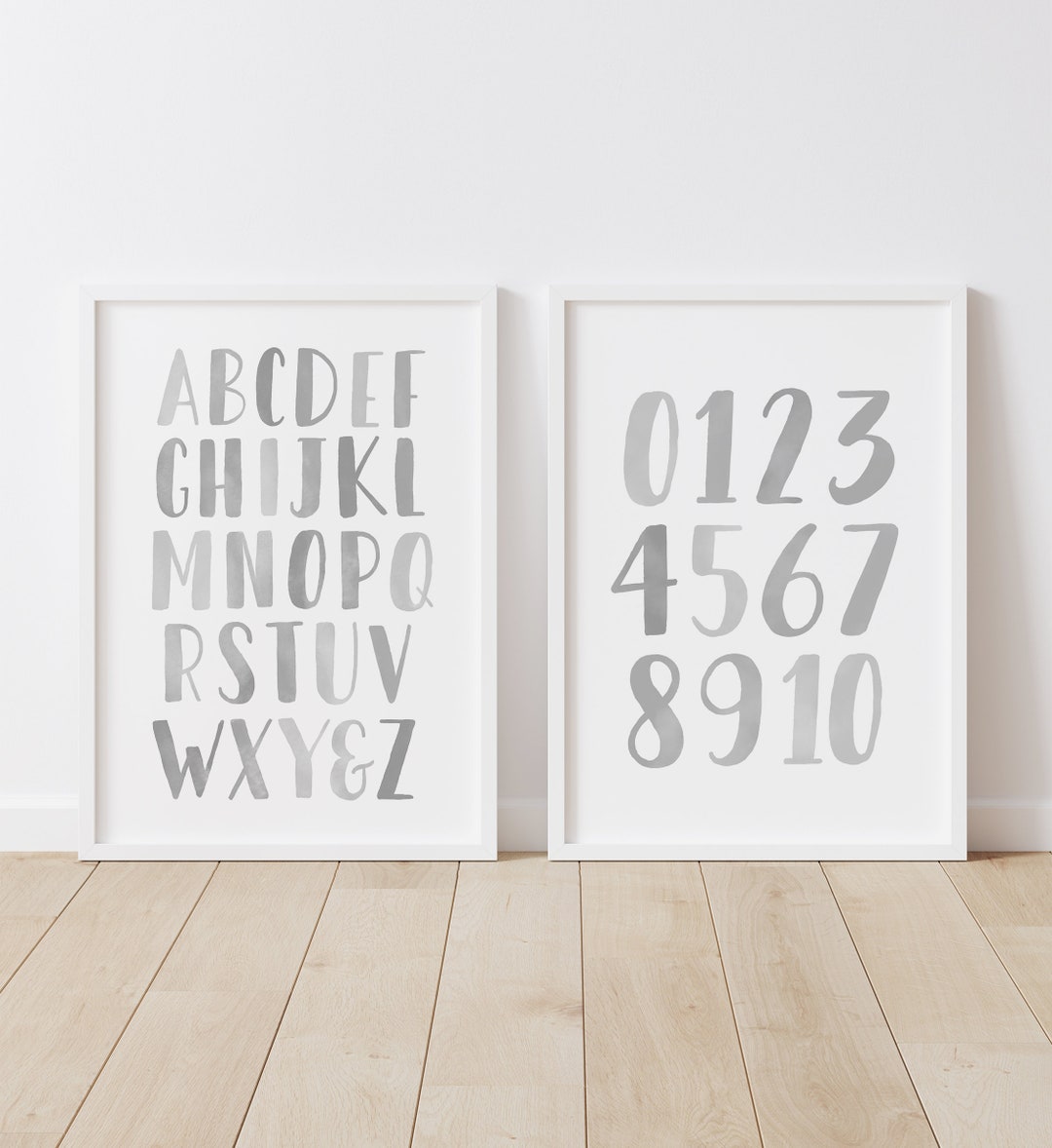 Gray Alphabet and Numbers Set of 2 Prints, Kids Room Decor, ABC Poster ...