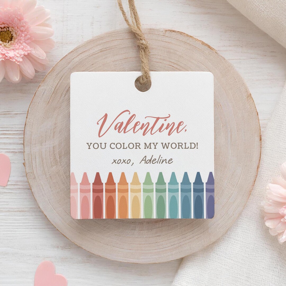 Crayon Valentine's Day Favor Tag, You Color My World Gift Tag, School ...