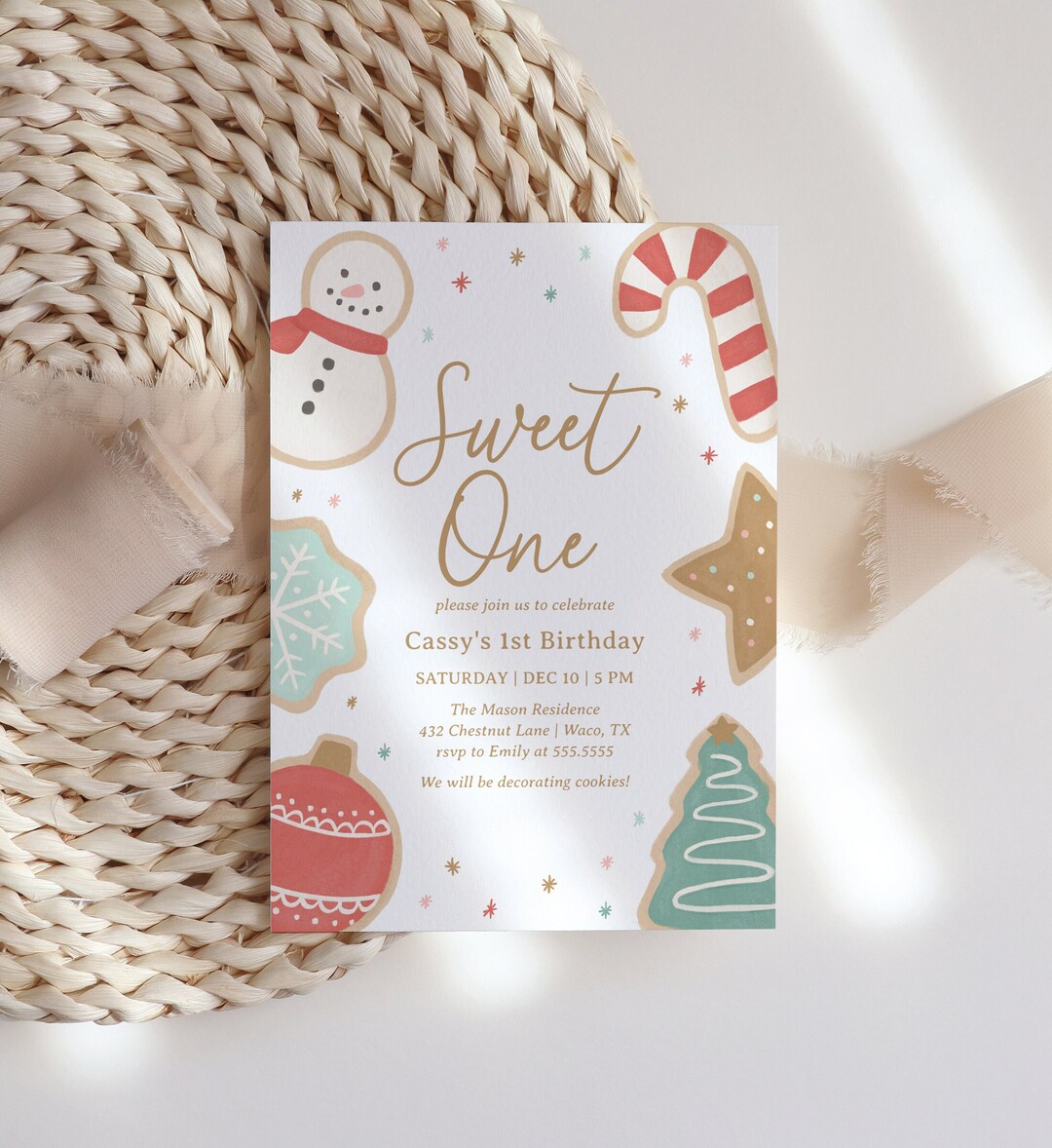 Sweet One Birthday Invitation Template, Christmas Cookie Girl 1st ...