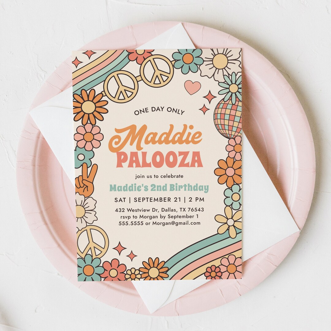 Groovy Retro 70s Birthday Invitation Template, Palooza Girl 2nd ...