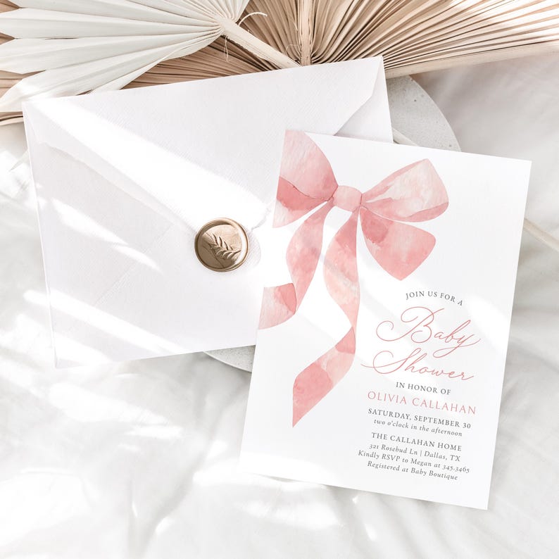 Pink Bow Girl Baby Shower Invitation Template, Watercolor Pink Ribbon ...