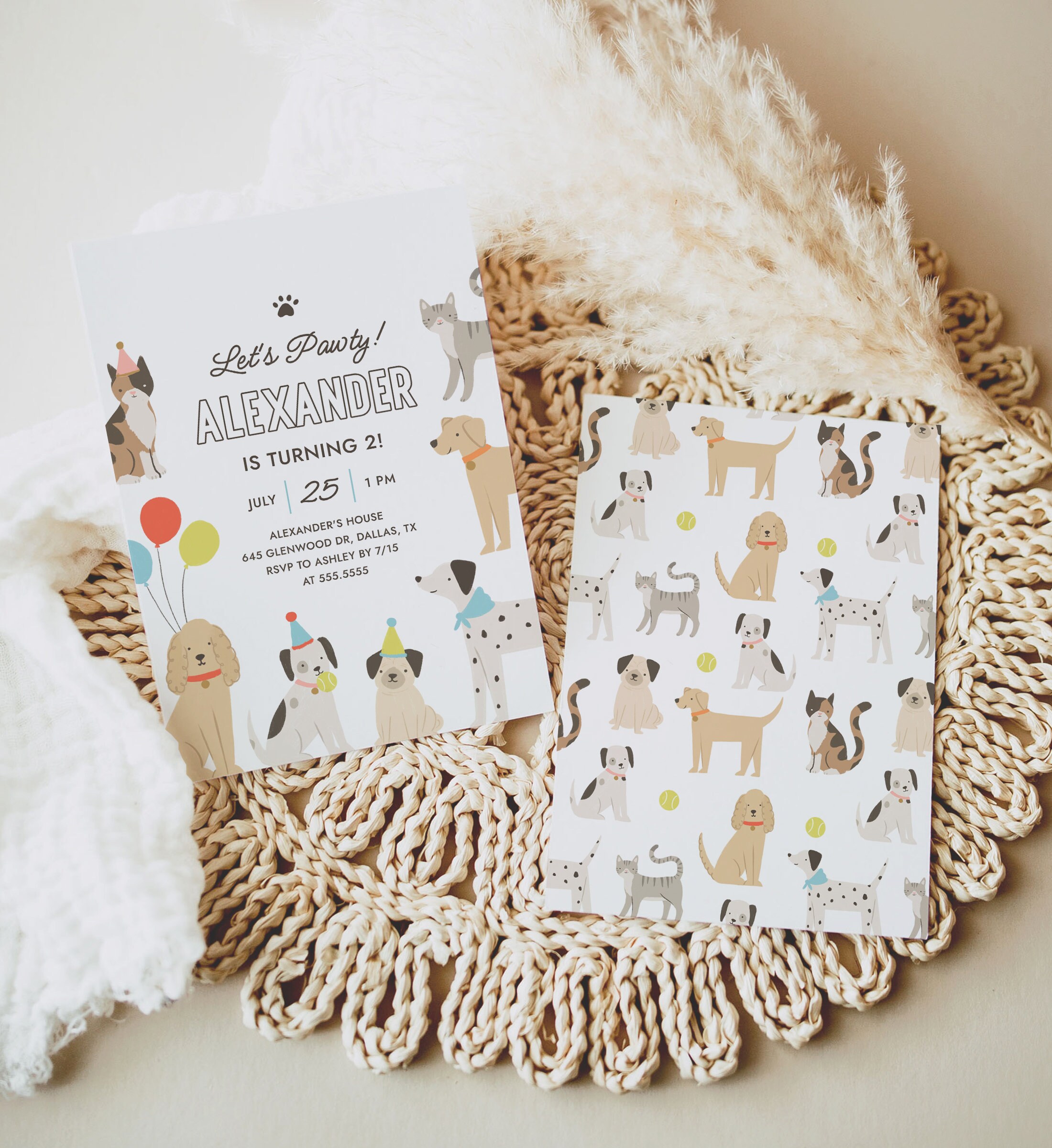 Dog and Cat Birthday Invitation, Kitten Puppy Pawty Birthday Invite ...