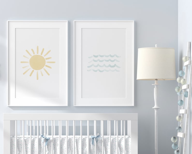 Beach Nursery Decor, Set of 2 Coastal Nursery Prints, Sun and Waves ...