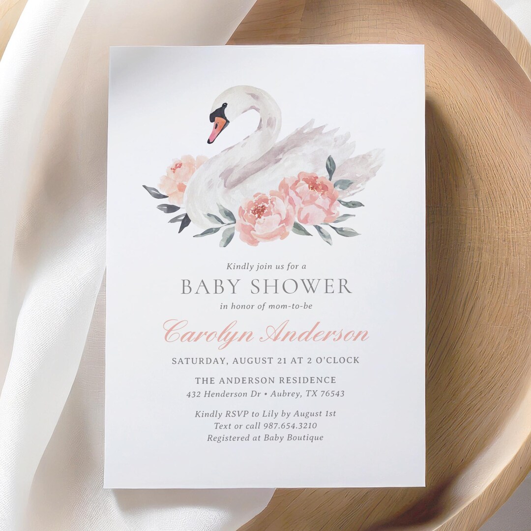 Swan Baby Shower Invitation, Pink Floral Swan Girl Baby Shower Invite ...