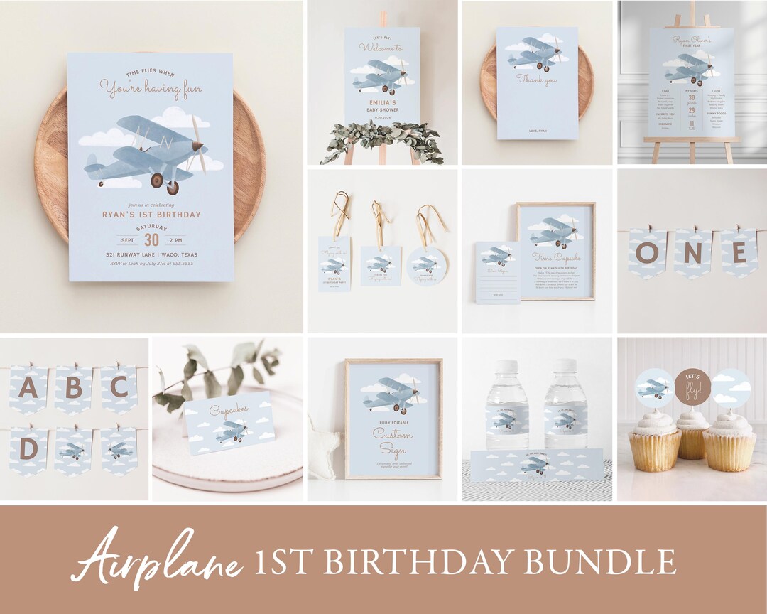Airplane 1st Birthday Invitation Bundle, Printable Travel Kids Birthday ...