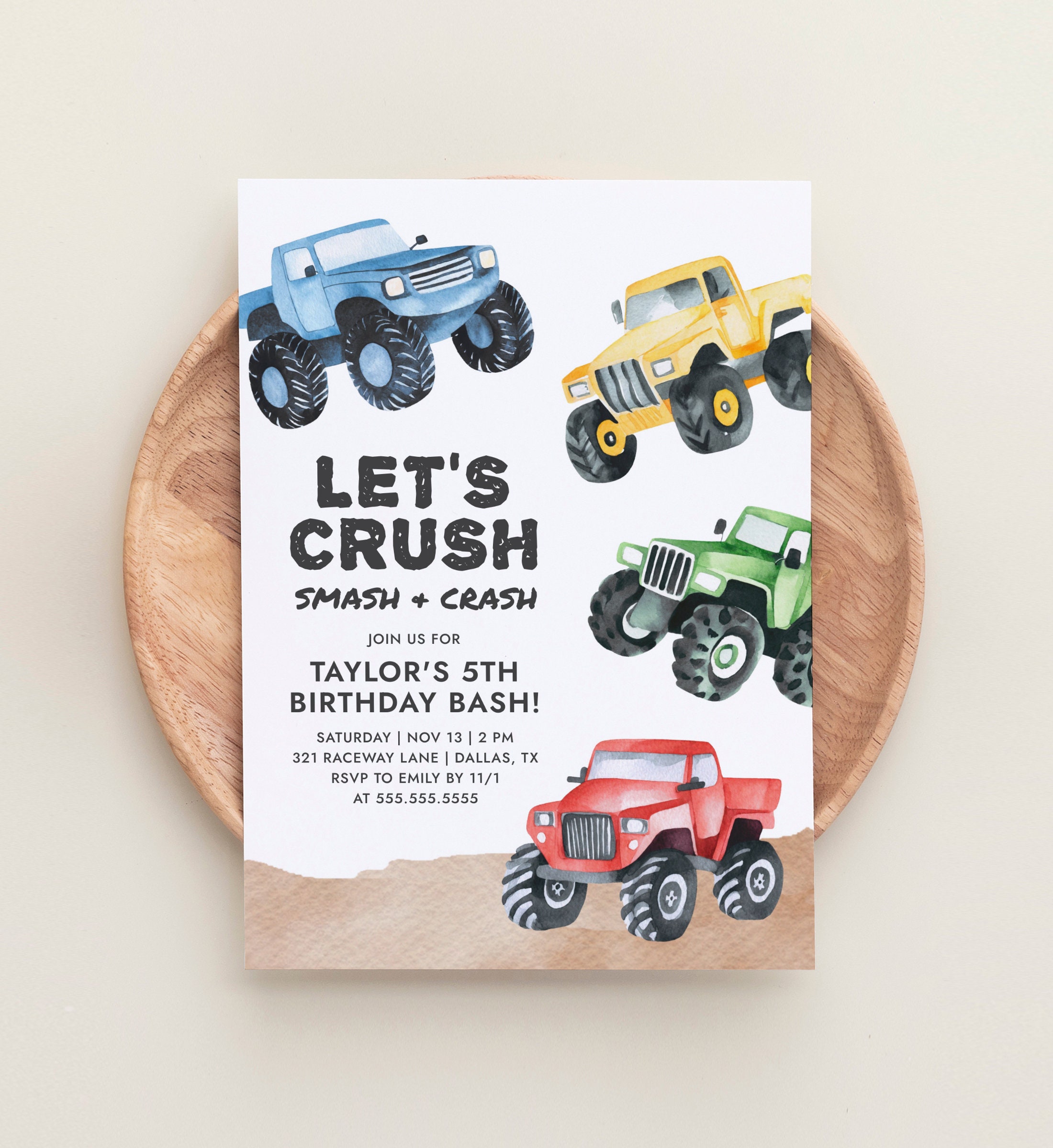 Monster Truck Birthday Invitation, Crush Smash Crash Boy Monster Truck ...