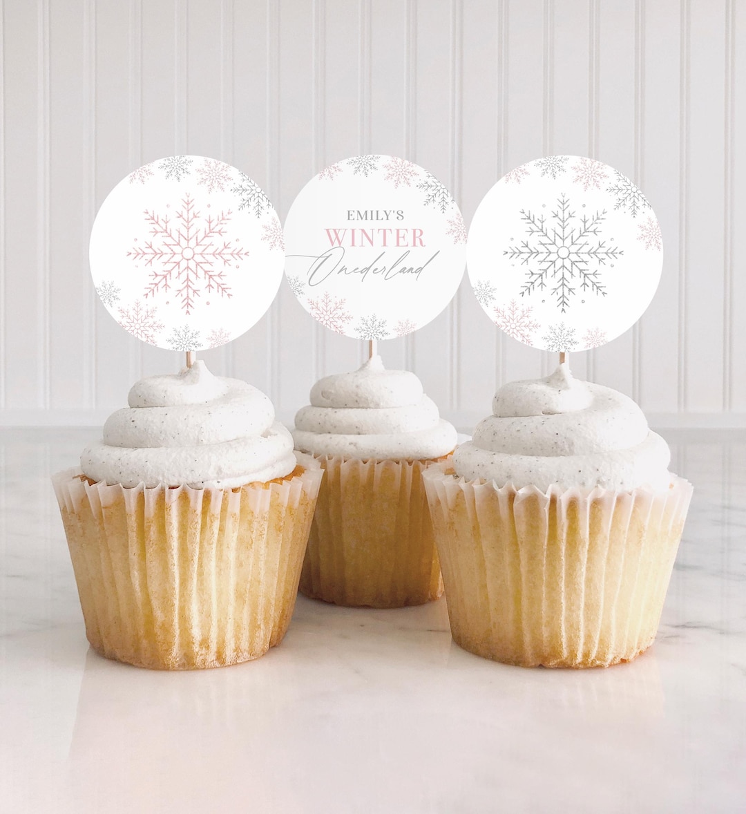 Editable Pink Snowflake Birthday Cupcake Toppers, Printable Winter ...