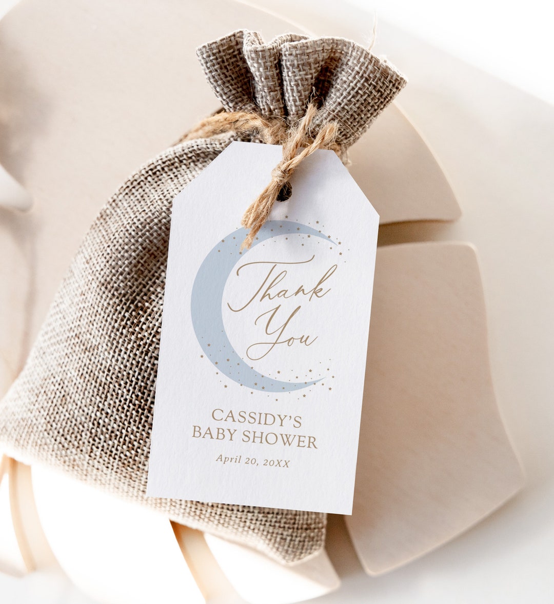 Over the Moon Baby Shower Favor Tag Template, Blue Moon and Stars Baby ...