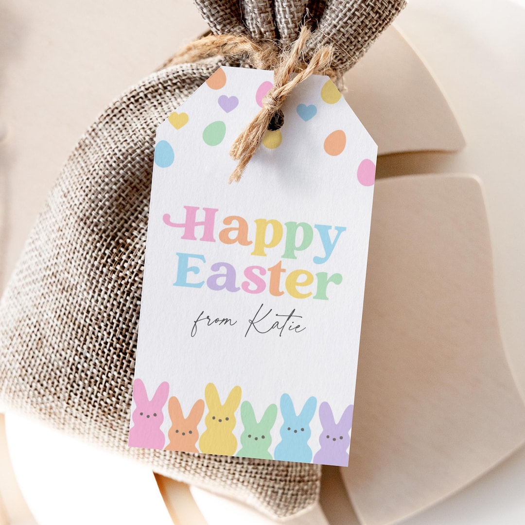 Happy Easter Gift Tag Template, Pastel Rainbow Easter Bunny Favor Tag ...