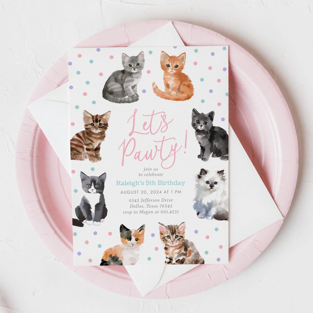 Kitten Birthday Invitation, Watercolor Kitty Cat Birthday Party Invite ...