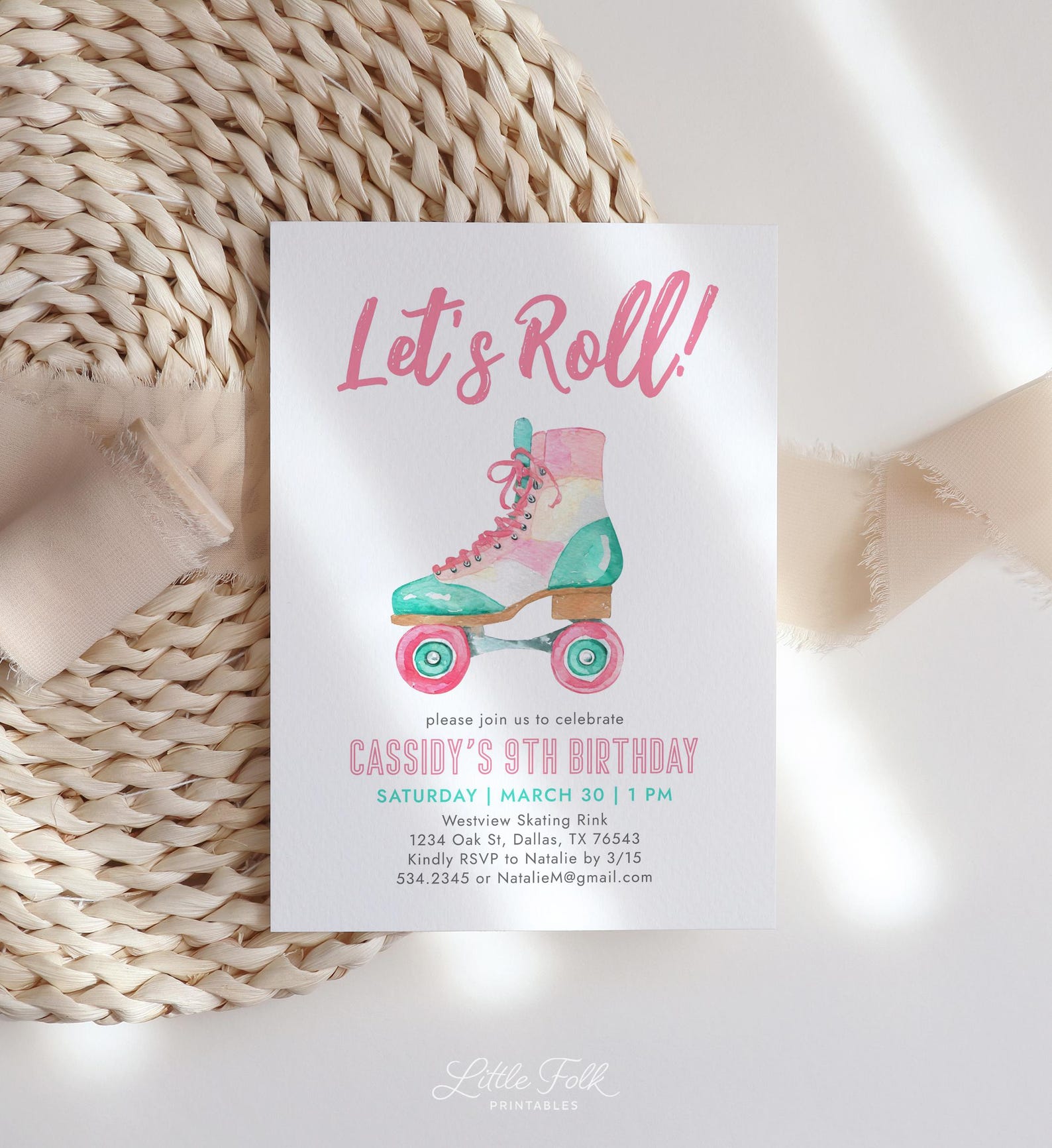Pink Roller Skate Birthday Invitation, Let's Roll Retro Girl Roller ...