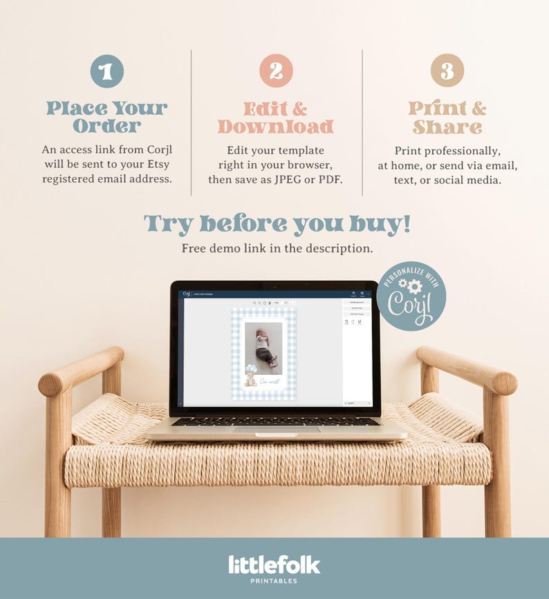 Teddy Bear 1st Birthday Photo Banner Template, Printable Blue Gingham ...