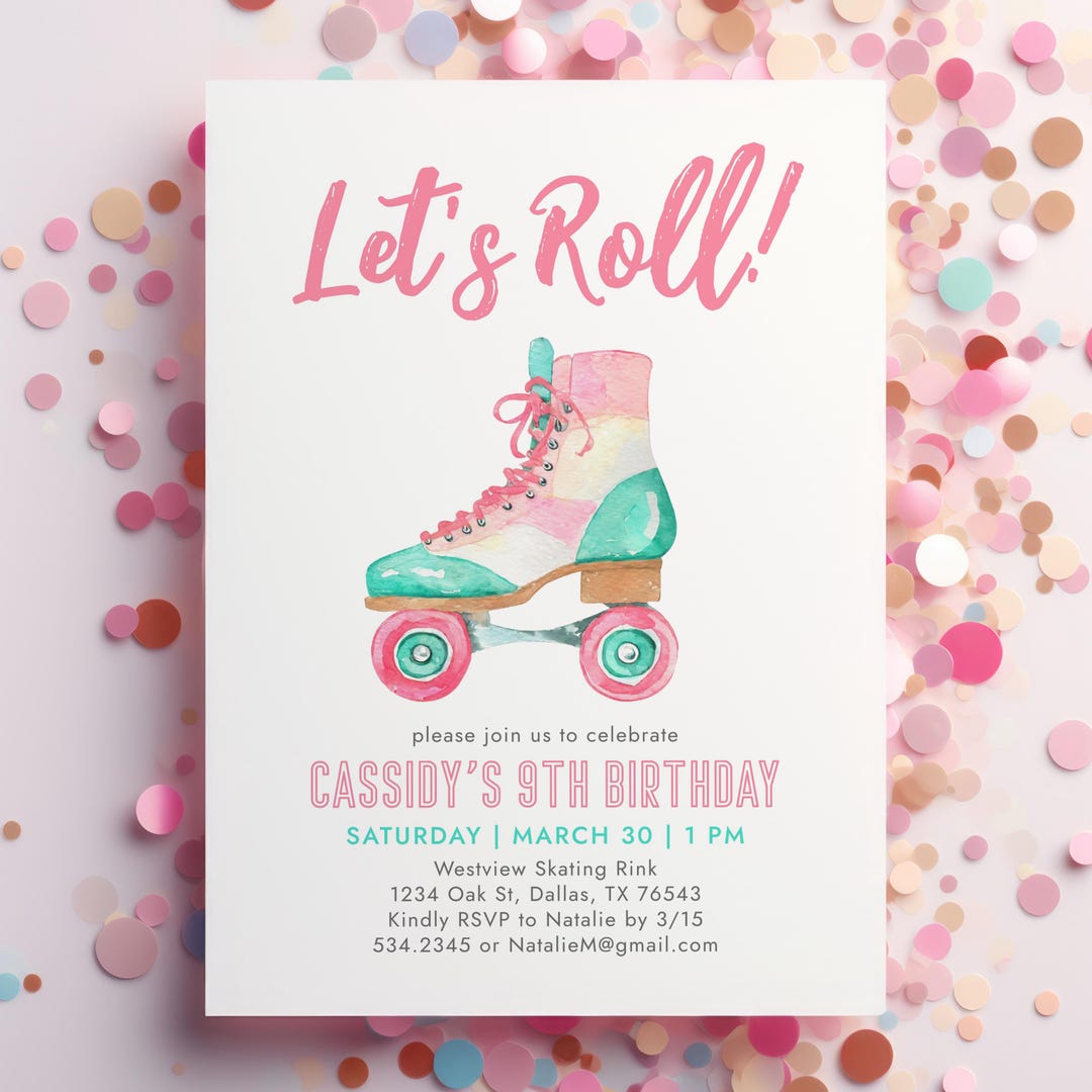 Pink Roller Skate Birthday Invitation, Let's Roll Retro Girl Roller Skating Birthday Party ...